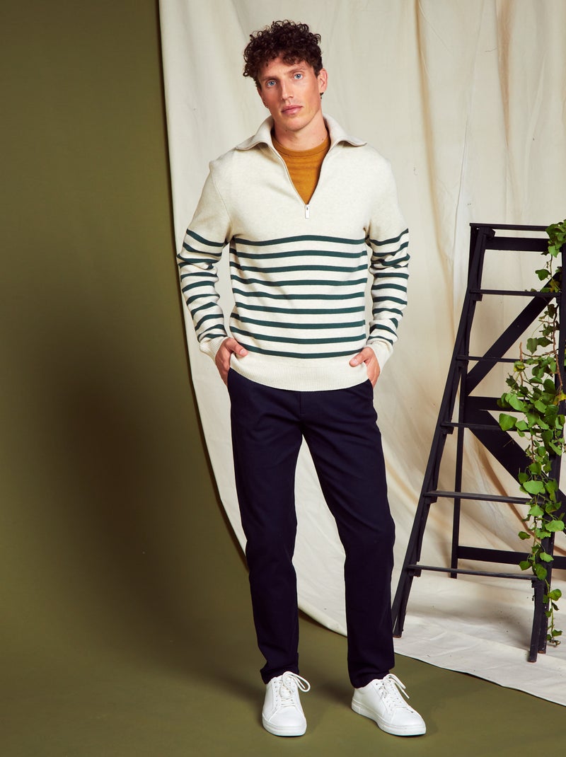 Pull rayé à col camionneur - Blanc/vert - Kiabi - 15.00€