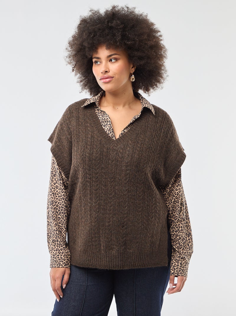 Pull sans manches en maille torsade grosse jauge - Marron - Grandes ...