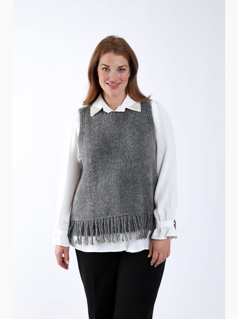 Pull sans manches uni à franges - Gris - Grandes tailles - 45.99€ - Kiabi