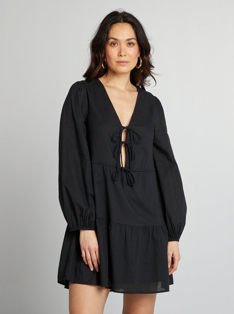 Robe à nouettes en popeline avec col en V - noir - Femme - 7.50€ - Kiabi