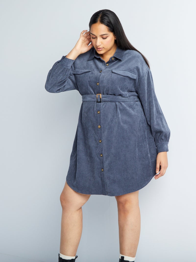 Robe chemise en velours côtelé - Bleu - Grandes tailles - 29.00€ - Kiabi