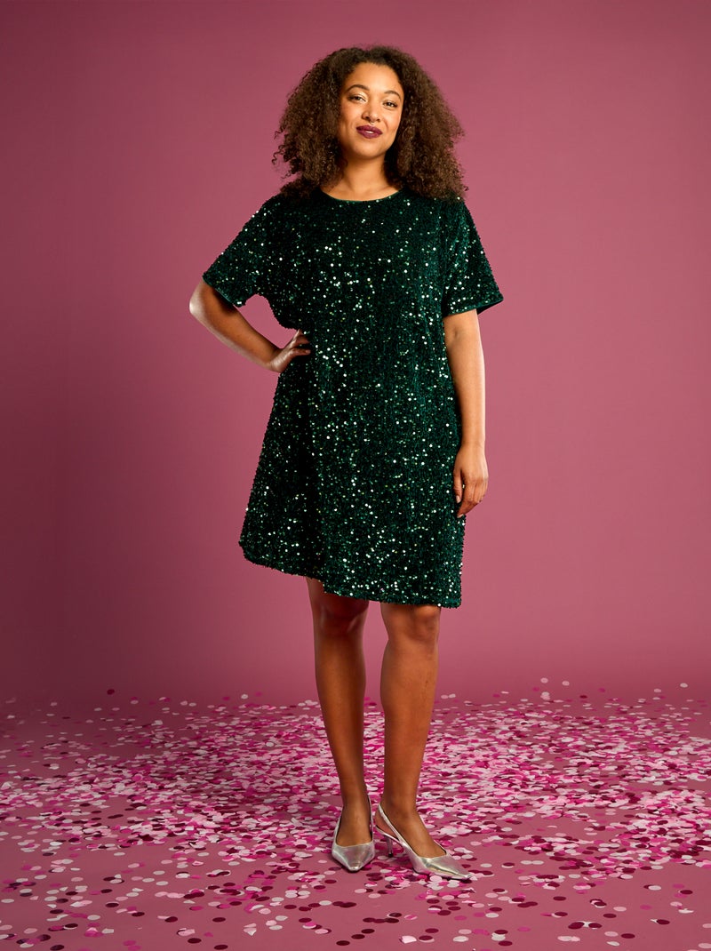 Robe courte à sequins - Vert - Grandes tailles - Femme - 35.00€ - Kiabi