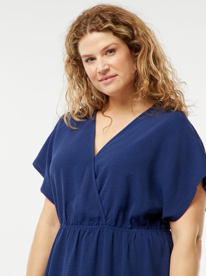 Robe longue en maille stretch et à manches courtes - Bleu - Grandes ...