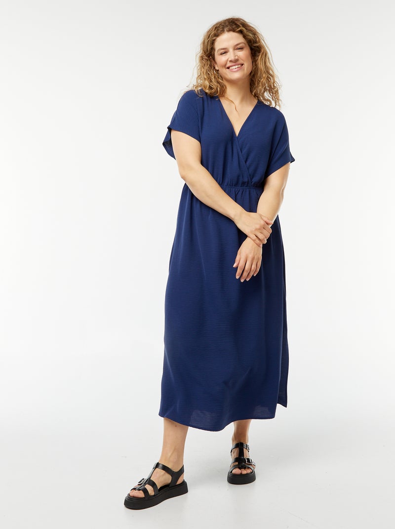 Robe longue en maille stretch et à manches courtes - Bleu - Grandes ...