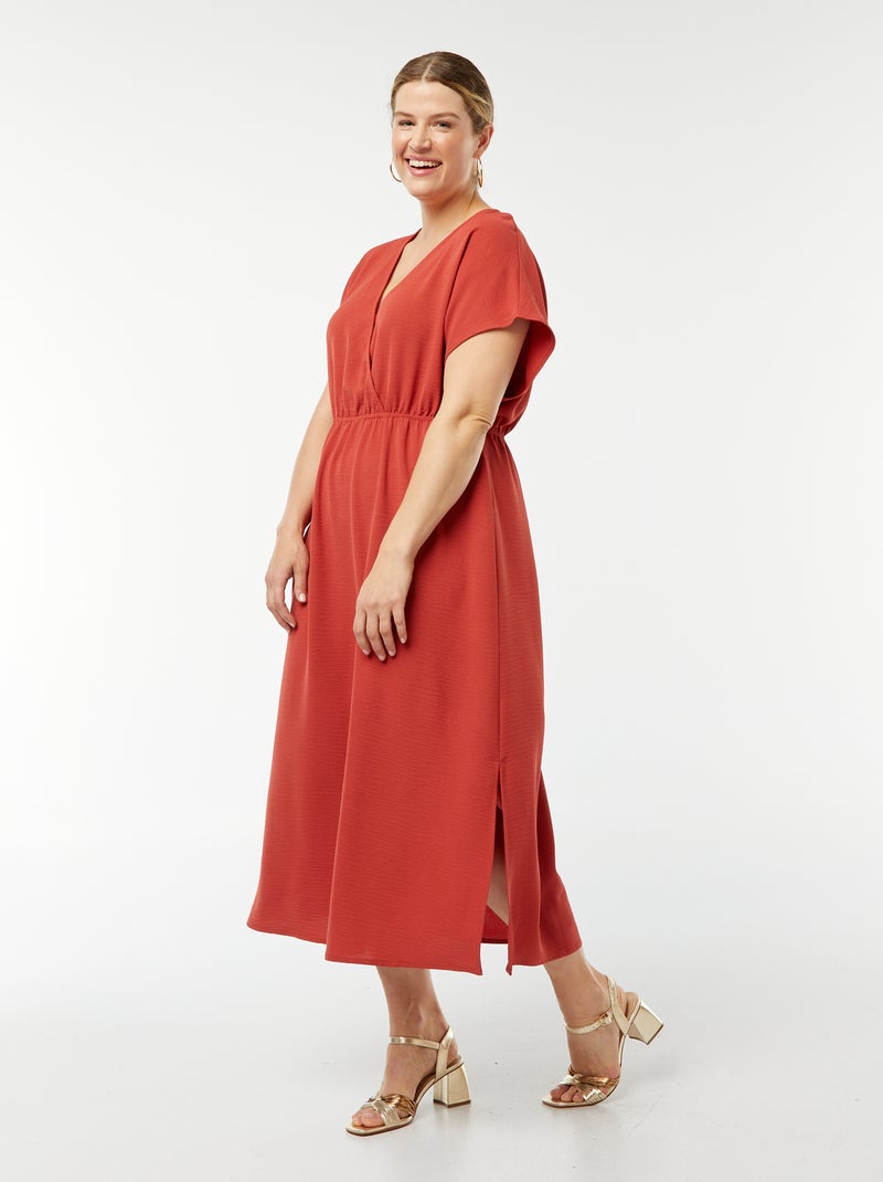 Robe longue en maille stretch et à manches courtes - Rouge orange ...