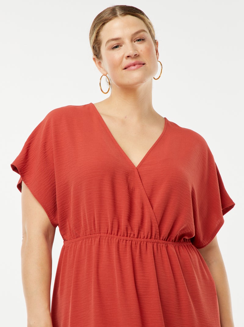 Robe longue en maille stretch et à manches courtes - Rouge orange ...