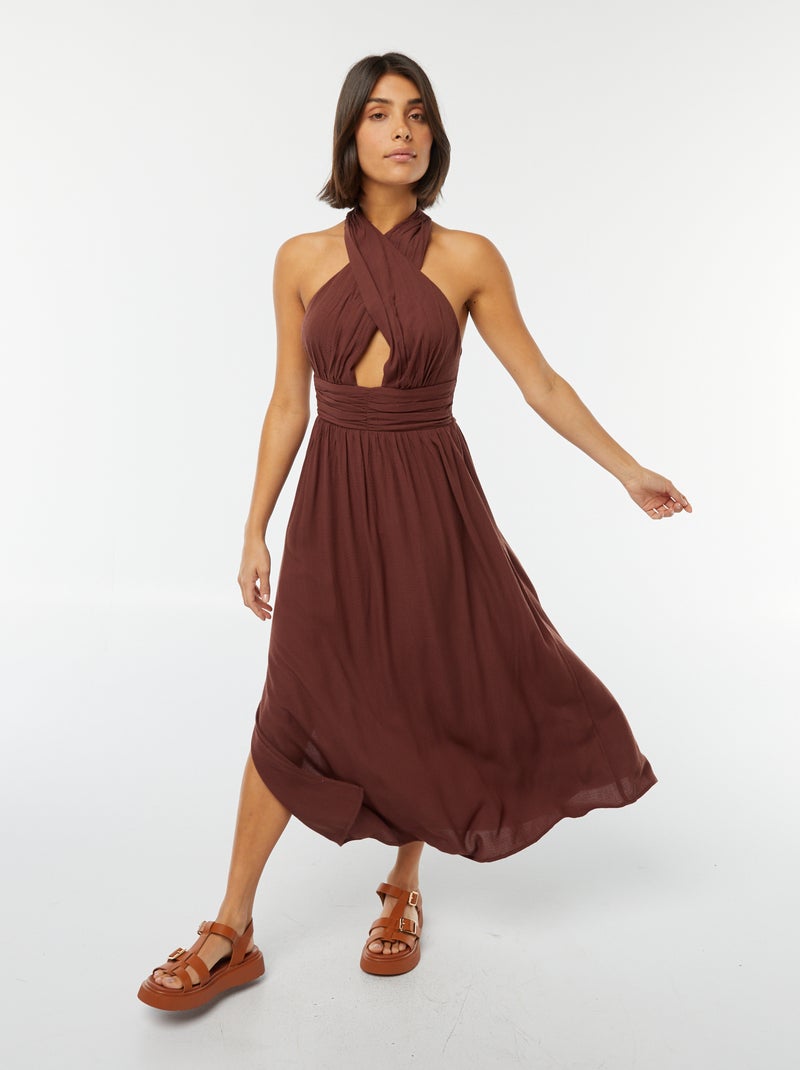 Robe longue fluide avec large décolleté - Marron - Femme - 20.00€ - Kiabi