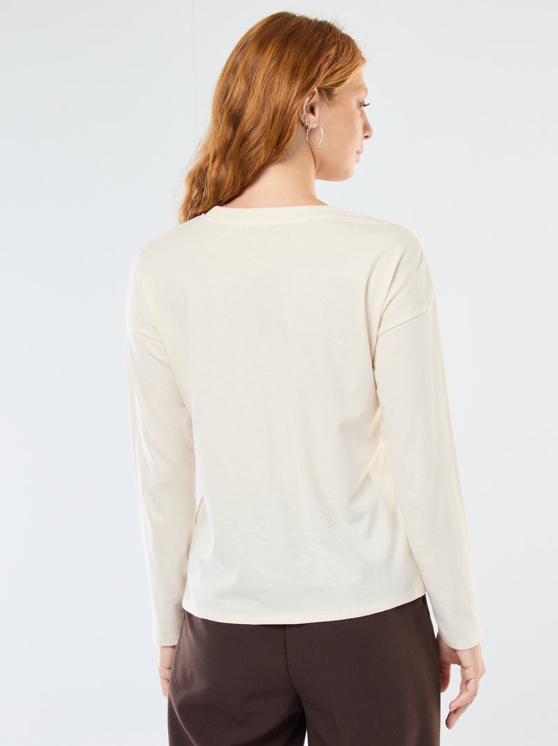 T-shirt à manches longue et col rond - Ecru - Femme - 7.00€ - Kiabi
