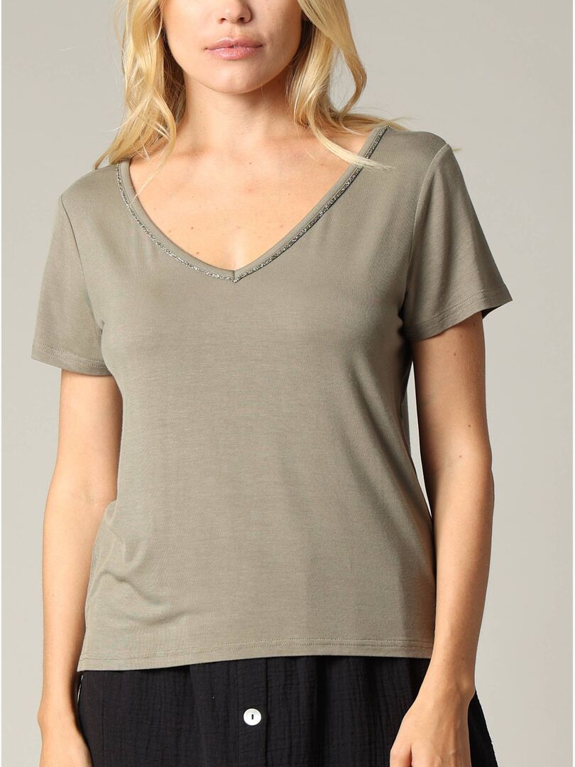 T-shirt col en V avec liseré brillant pour femme 'Deeluxe' - Kaki ...