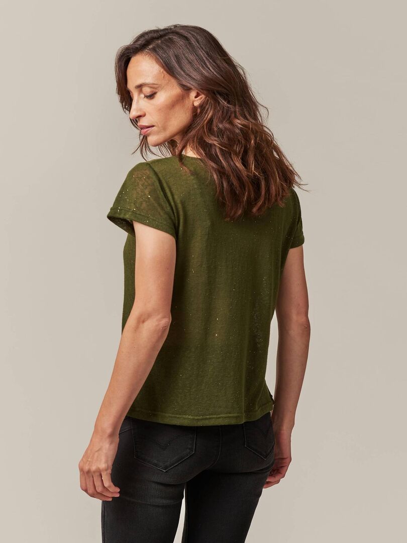 T-shirt col rond en jersey effet lin et pailleté 'Deeluxe' - Kaki ...