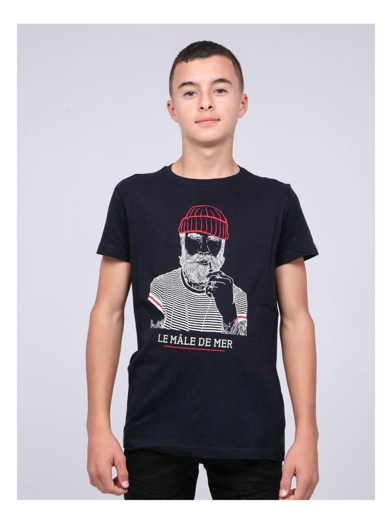 T-shirt col rond pur coton JAPING garçon - Bleu marine - 7.50€ - Kiabi