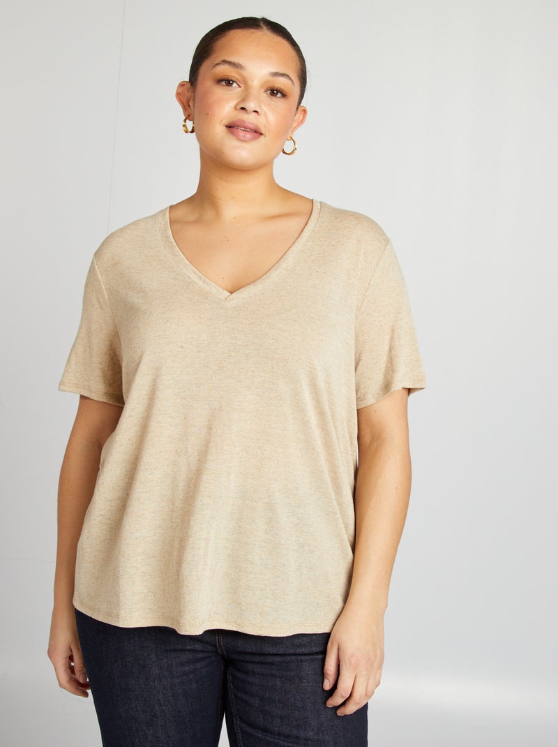 T-shirt col V en lin mélangé - BLANC - Grandes tailles - Femme - 9.75 ...