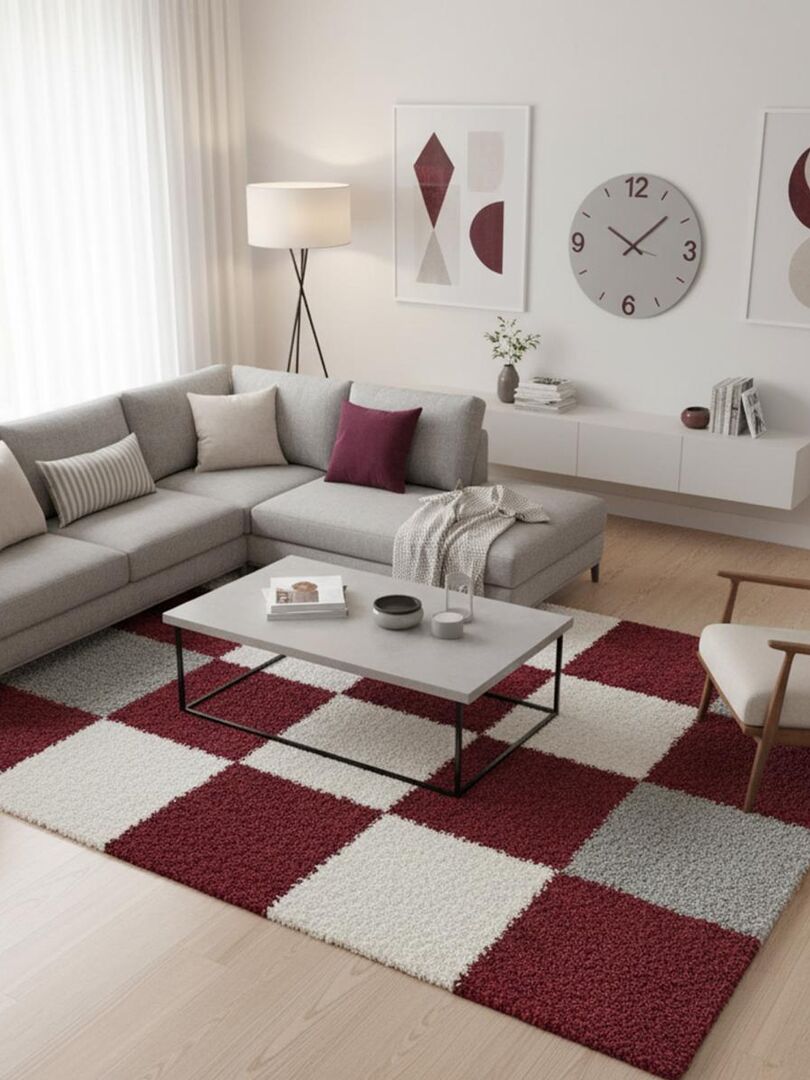 Tapis poils longs shaggy tissé motif damier CARRÉ A - Rouge - Kiabi - 54.99€