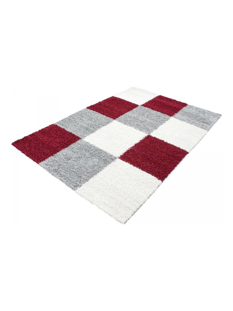 Tapis poils longs shaggy tissé motif damier CARRÉ A - Rouge - Kiabi - 54.99€