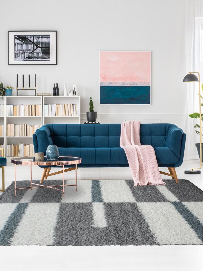 Tapis poils longs shaggy tissé motif géométrique RECTAN - Bleu - Kiabi - 68.99€