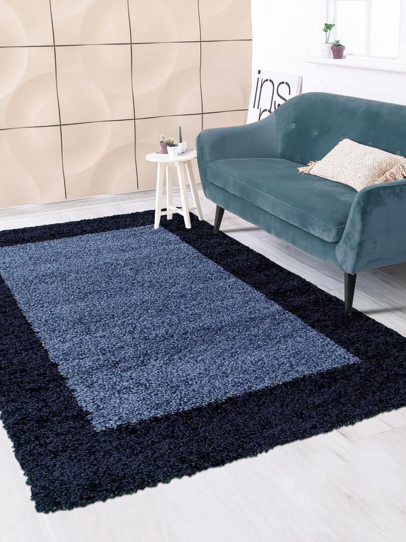 Tapis poils longs shaggy tissé motif simple BORDURE - Bleu - Kiabi - 36.99€