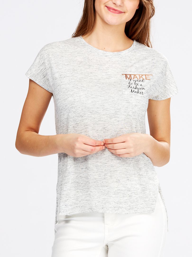 Tee-shirt chiné coupe à cru bijou poitrine - gris chiné clair - Kiabi ...