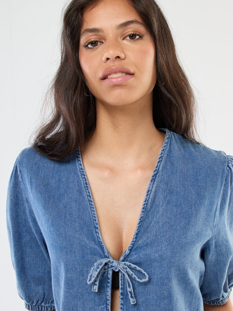 Top gilet en denim avec liens à nouer devant coupe cropped - Bleu - Femme - 15.00€ - Kiabi