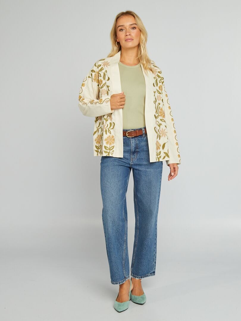 Veste kimono courte brodée - Beige - Kiabi - 35.00€